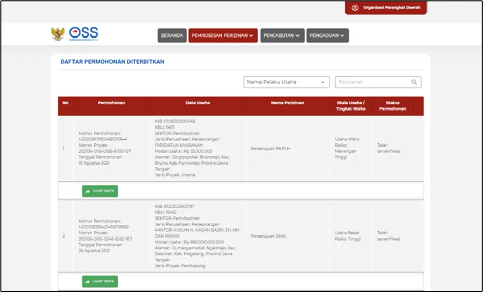 OSS RBA - Pemrosesan Persetujuan Lingkungan oleh OPD