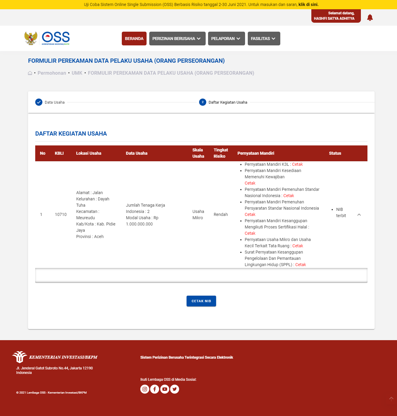 OSS RBA - Perubahan Perizinan Berusaha - Data Usaha