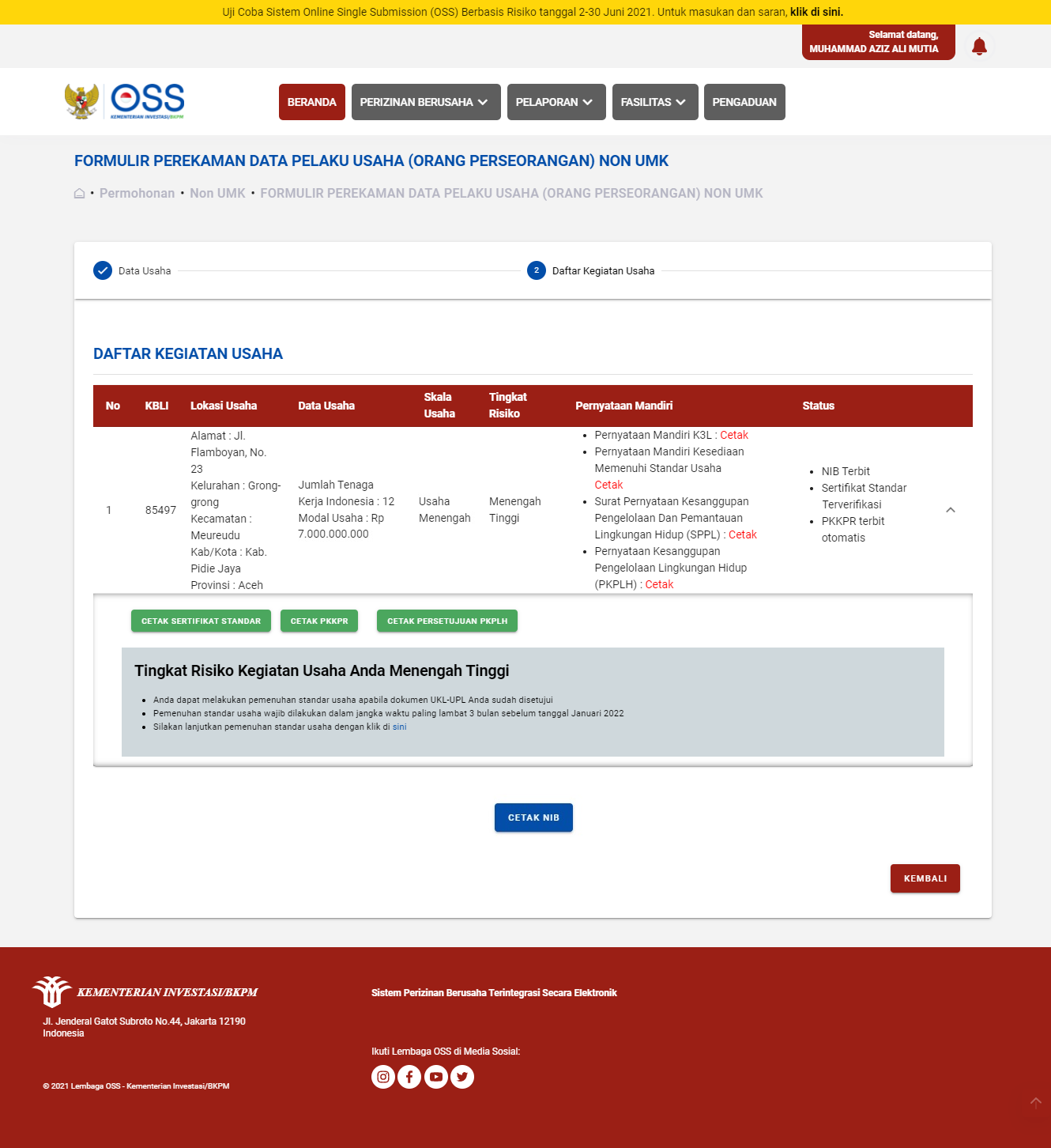 OSS RBA - Perubahan Perizinan Berusaha - Data Usaha